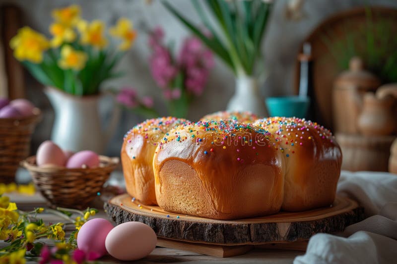 Decorated Yeast Bread with Spring Bouquets and Vibrant Eggs on Wooden ...
