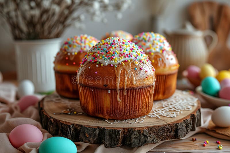 Decorated Yeast Bread with Spring Bouquets and Vibrant Eggs on Wooden ...