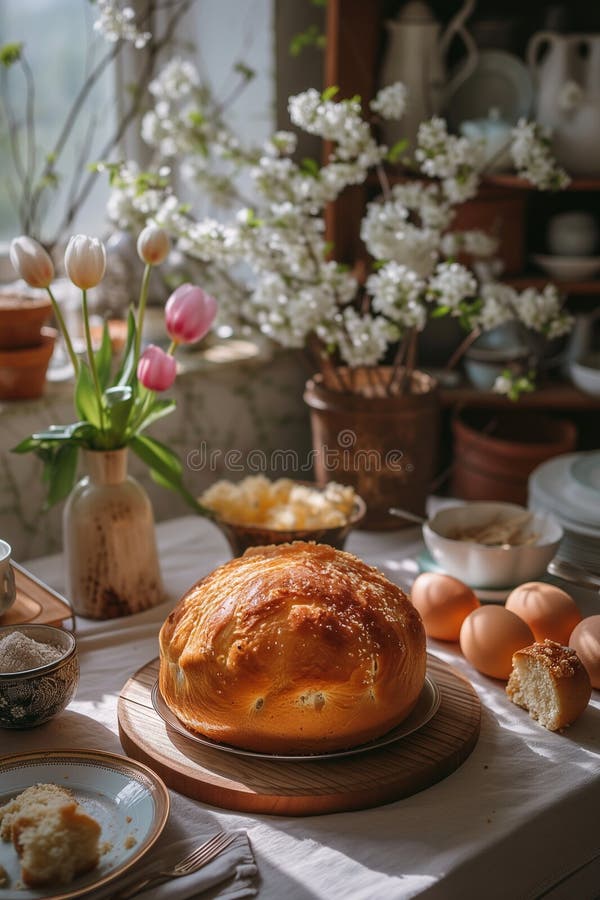 Decorated Yeast Bread with Spring Bouquets and Vibrant Eggs on Wooden ...