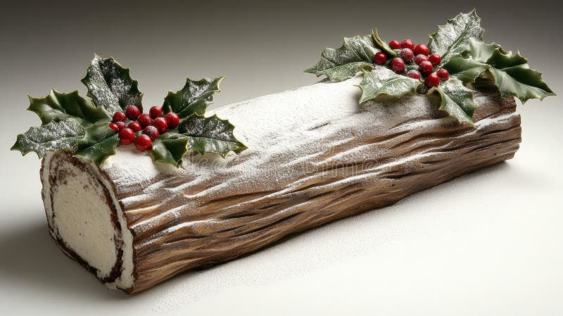 Decorated Yule Log Cake with Powdered Sugar and Holly Leaves Stock ...