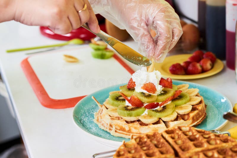 Decorating Breakfast Waffle Stock Image - Image of pastry, decorating ...