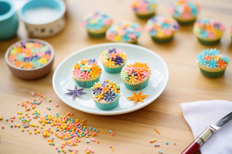 Decorating Cupcakes with Colorful Icing and Sprinkles Stock ...