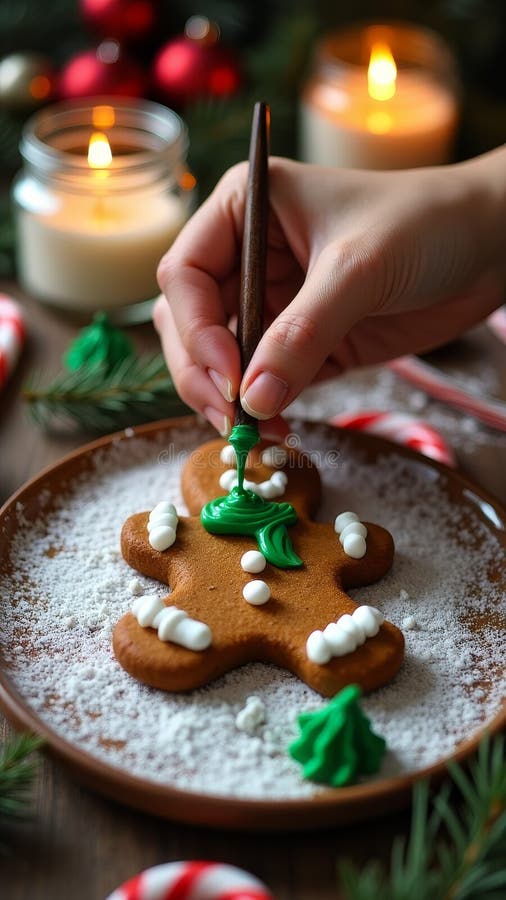 Decorating Gingerbread Man with Icing for Christmas Holiday Baking and ...