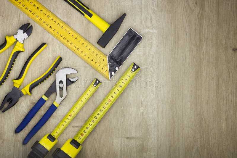 Decorating and House Renovation Tools and Accessories on Wooden ...