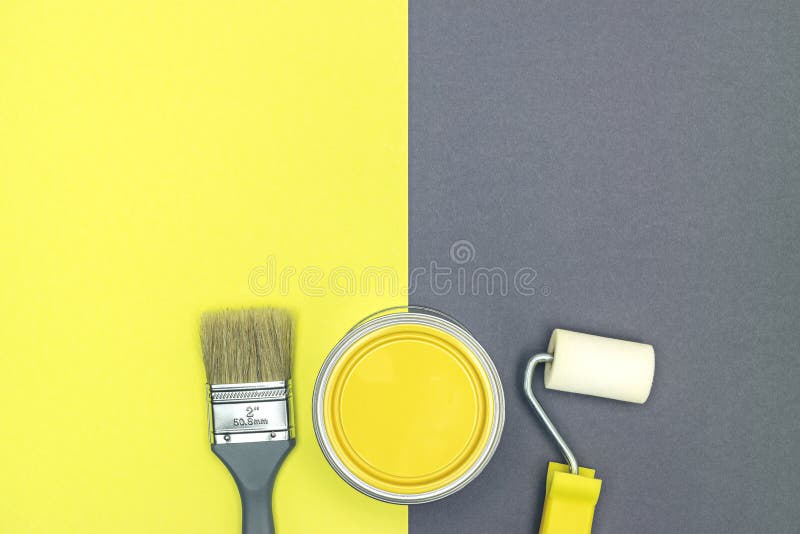 Painting Tools with Can on Yellow and Gray Background Stock Photo ...