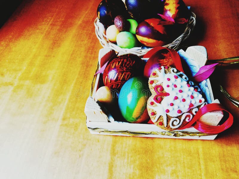 Decoration of Colored Easter Eggs,Easter Basket Filled with Hand ...
