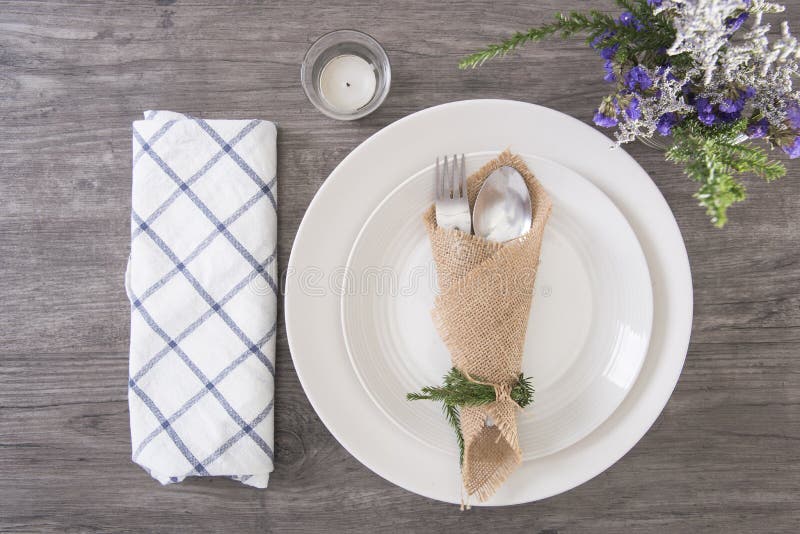 Decoration Dinner Plate Setting on Wood Table Top View Stock Image ...