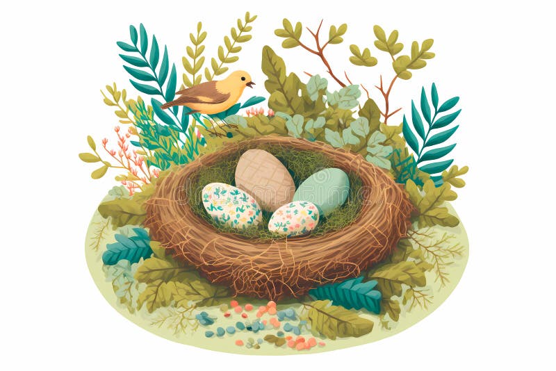 Decoration Easter Eggs with Spring Flowers and Cute Birds. Happy Easter ...