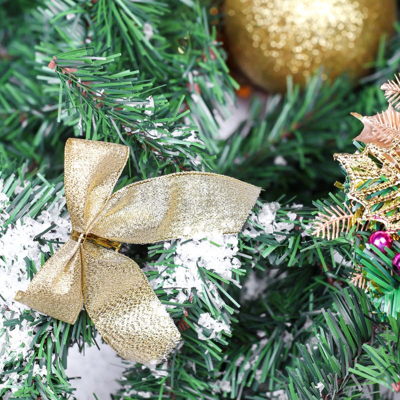 Decoration Golden Billow on New Year Tree Branch Stock Image - Image of ...