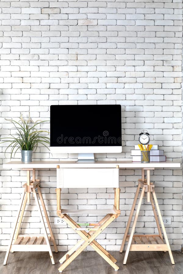 Decoration in Modern Minimal White Office with Computer on Desk Stock ...