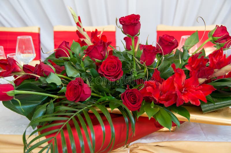 Decoration with Red Roses and Lily. Stock Photo - Image of holiday ...