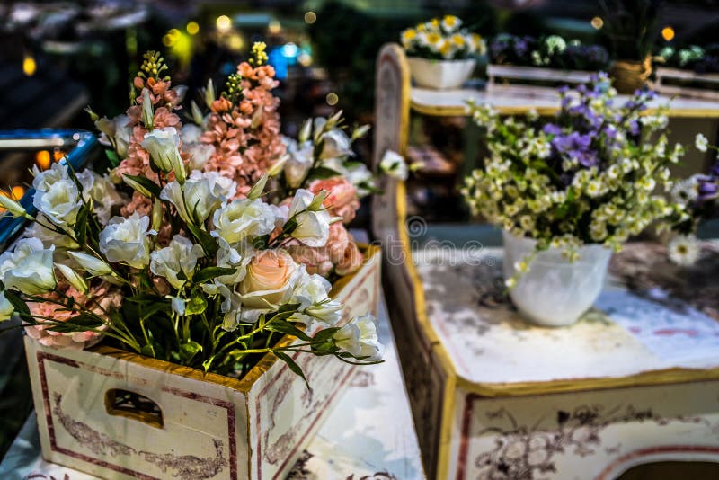 Decoration of Various Artificial Flowers. Close-up of Installation of ...