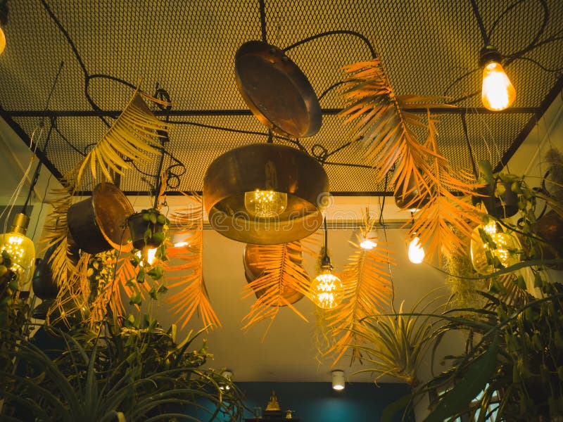 Decoration of Yellow Ceiling Lights with Trees Stock Photo - Image of ...