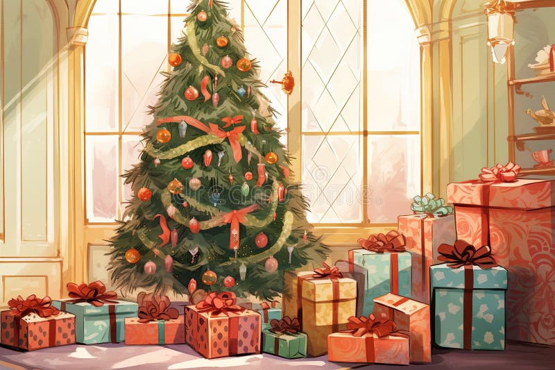 Decorations and Gifts Under the Tree Illustration Stock Image - Image ...