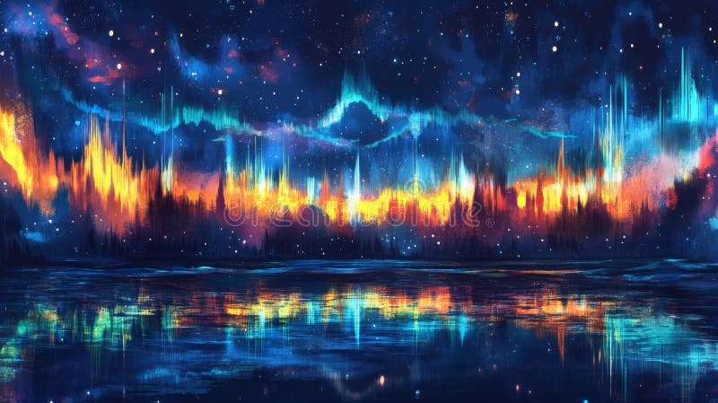 Decorative Abstract Wave Patterns in a Digital Nightscape with Glowing ...