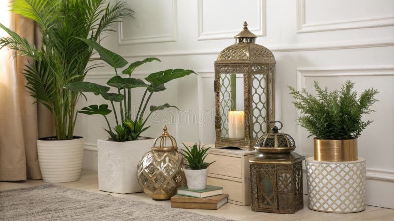 Decorative Accents Such As Metallic Objects and Greenery Punctuate the ...