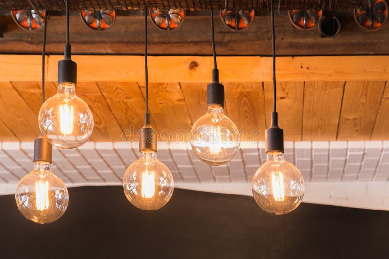 Decorative Antique LED Tungsten Light Bulbs Hanging on Ceiling Stock ...