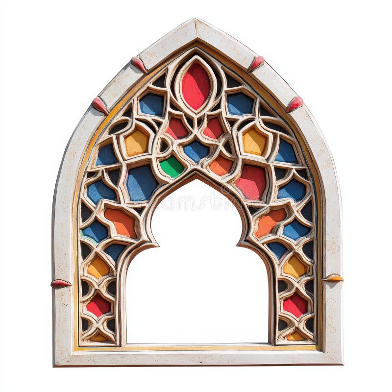 A Decorative Arched Window Frame Featuring Colorful Geometric Patterns ...