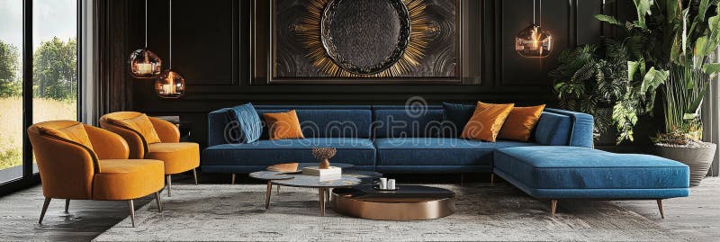 Decorative Art Deco Interiors with Multi-row Navy Blue Sofas in the ...