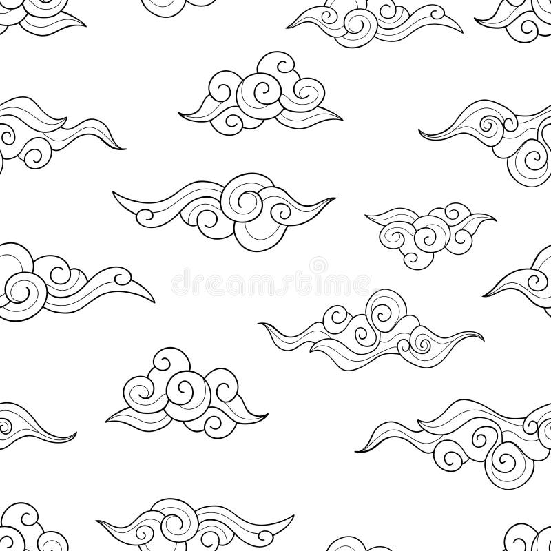 Decorative Asian Black Clouds on a White Background. Seamless Nature ...
