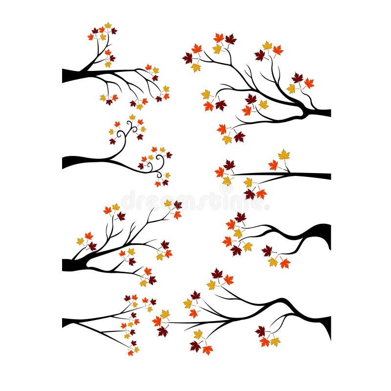 Decorative Autumn Branch Tree Silhouette with Brown Leaves Stock Vector ...