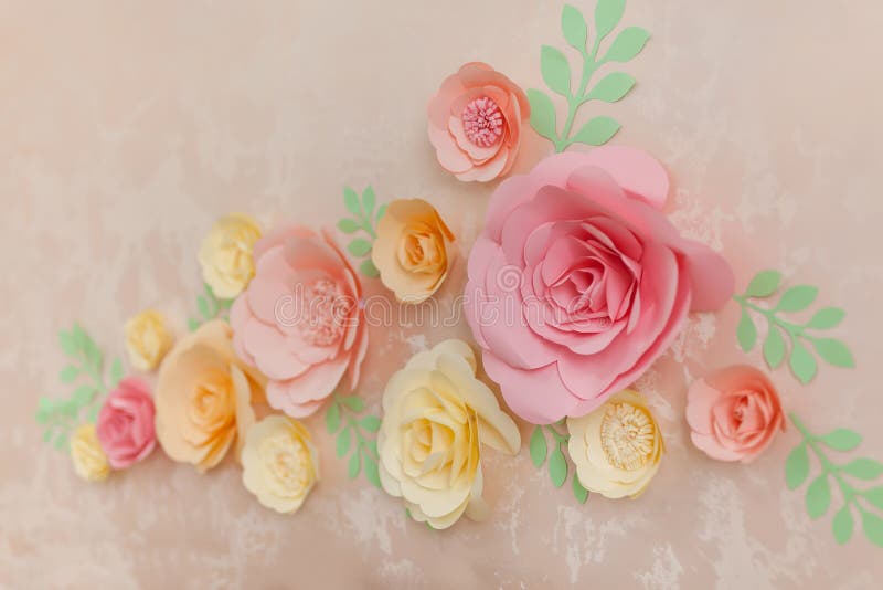 Decorative Background from Paper Handmade Flowers on the Wall Stock ...