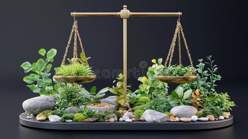 A Decorative Balance Scale Surrounded by Lush Greenery and Stones ...