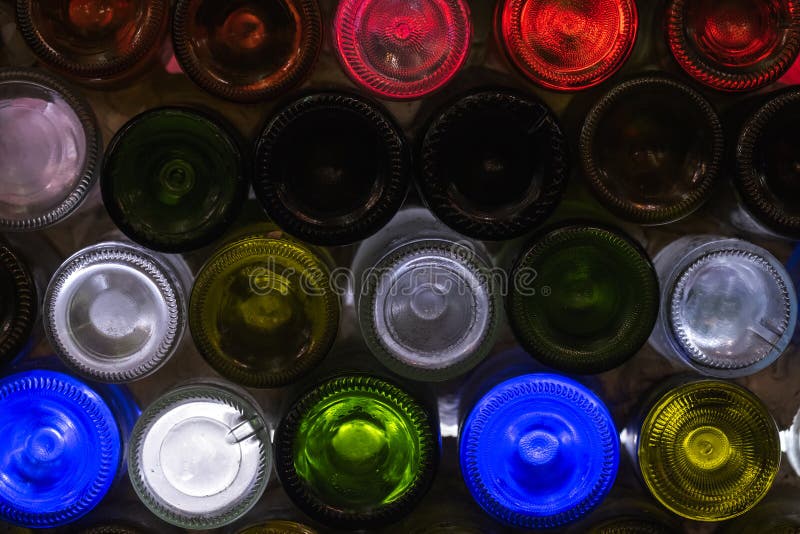 Decorative Bar Panel Made of Empty Colorful Wine Bottles Stock Photo ...