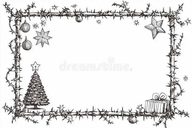 Decorative Barbed Wire Frame Featuring Holiday Symbols, Creating a ...