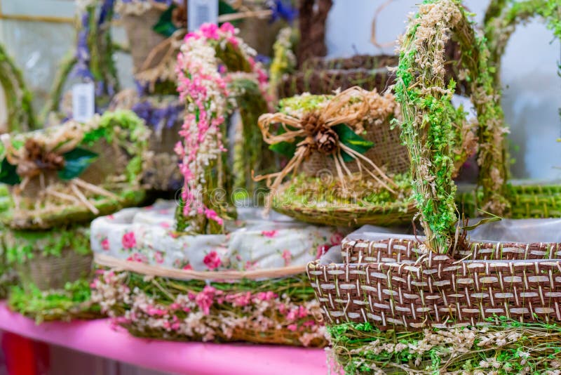 Decorative Baskets Decorated with Flowers. Stock Image - Image of white ...