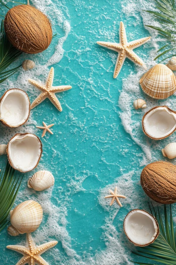 Decorative Beach-themed Arrangement Featuring Coconuts, Seashells, and ...