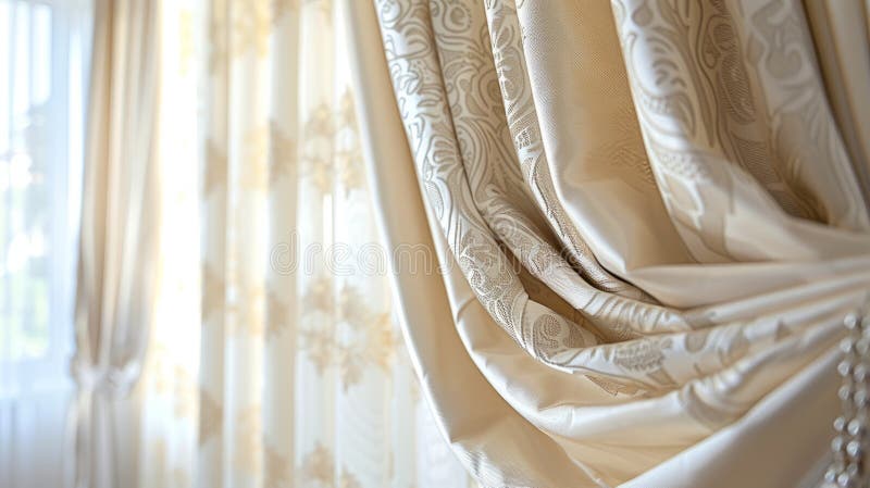 Decorative Beige Curtain with Pattern in Elegant Interior Setting Stock ...