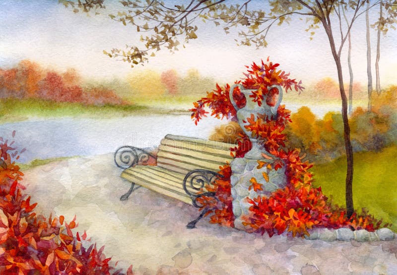Decorative Bench in Autumn Park Stock Illustration - Illustration of ...