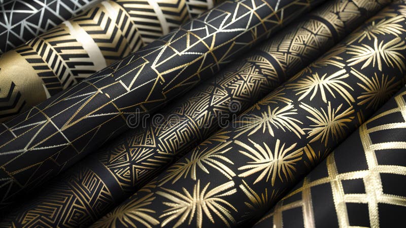 Decorative Black and Gold Gift Wrap Rolls Showcasing Various Geometric ...
