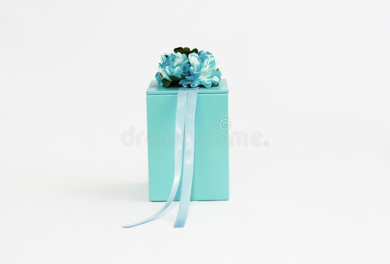 Decorative Blue Gift Box with Flower and Ribbon Designs Stock Photo ...