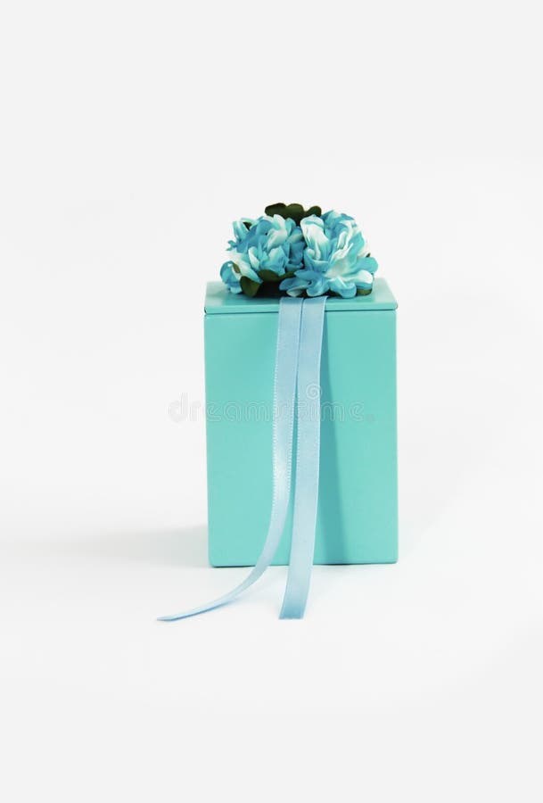 Decorative Blue Gift Box with Flower and Ribbon Designs Stock Image ...
