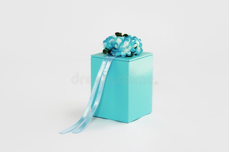 Decorative Blue Gift Box with Flower and Ribbon Designs Stock Photo ...