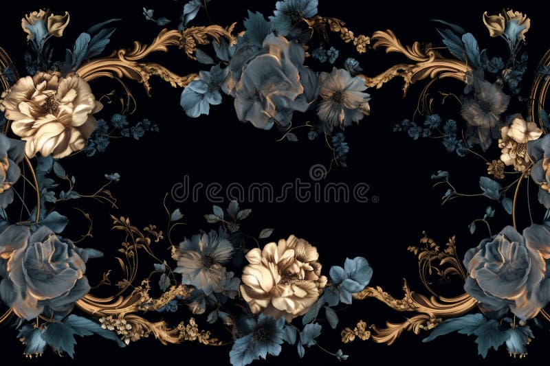 Decorative Blue and Golden Bloom Flowers and Mirror Frame in Rococo ...