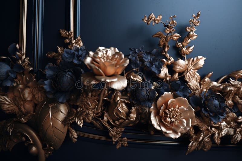Decorative Blue and Golden Bloom Flowers and Mirror Frame in Rococo ...