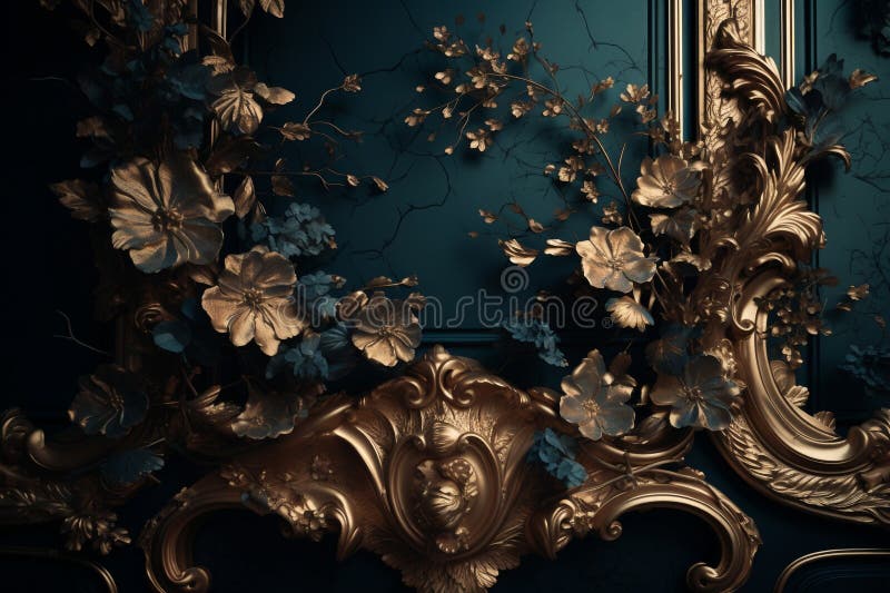 Decorative Blue and Golden Bloom Flowers and Mirror Frame in Rococo ...