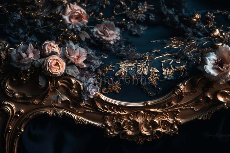 Decorative Blue and Golden Bloom Flowers and Mirror Frame in Rococo ...