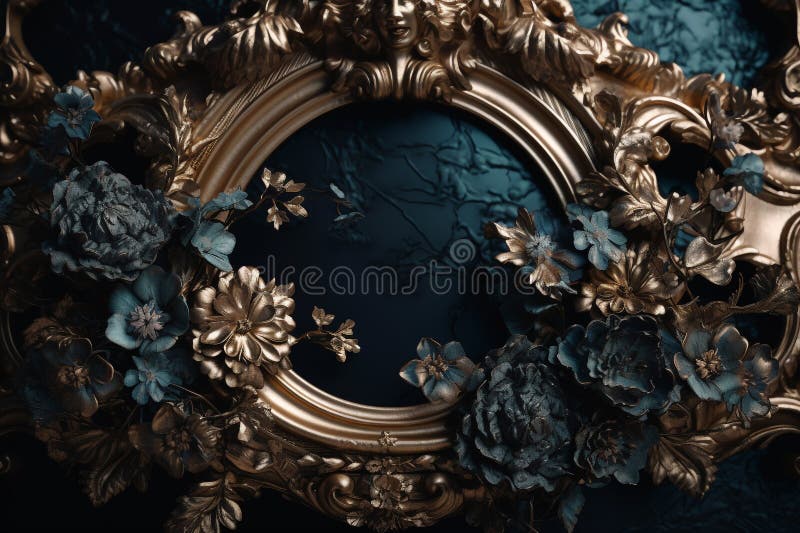 Decorative Blue and Golden Bloom Flowers and Mirror Frame in Rococo ...