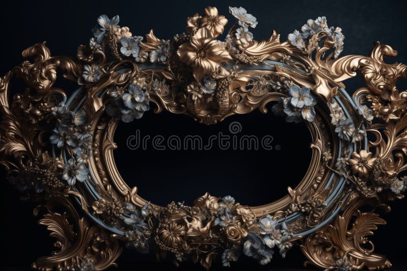 Decorative Blue and Golden Bloom Flowers and Mirror Frame in Rococo ...