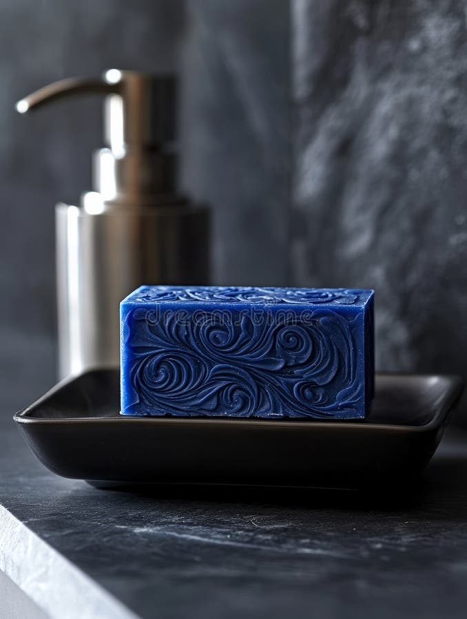 Decorative Blue Soap in a Black Dish by a Dispenser. Stock Image ...