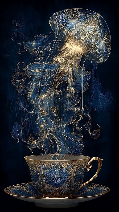 A Decorative Blue Teacup with Intricate Golden Patterns is Captured ...