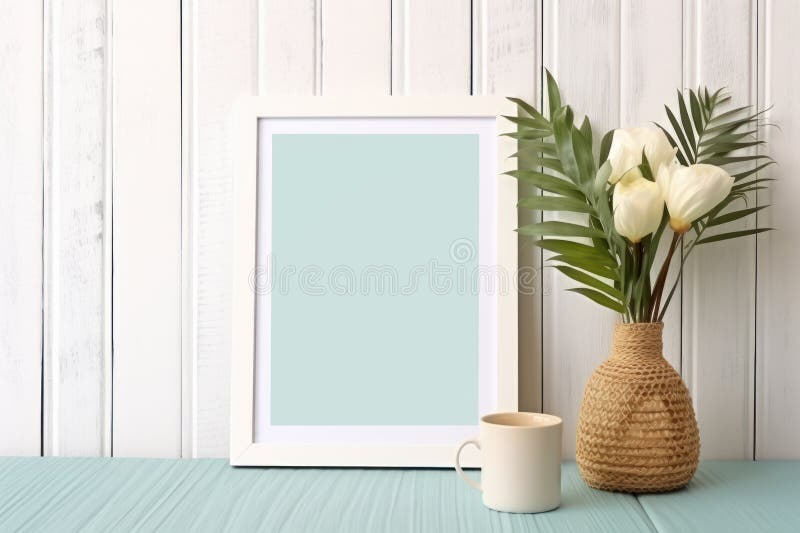 Decorative Boho Interior. a Rattan Frame with Floral in Vase on Table ...