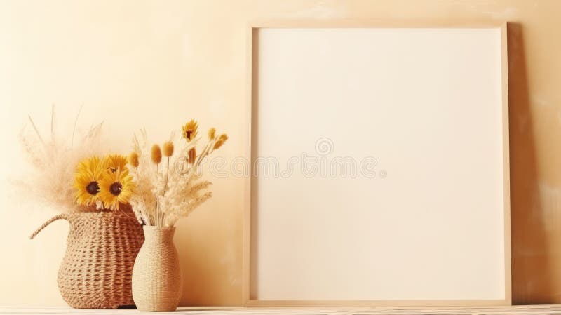 Decorative Boho Interior. a Rattan Frame with Floral in Vase on Table ...