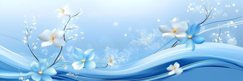Decorative Border Background with Soft Blue Flowers and Flowing Waves ...