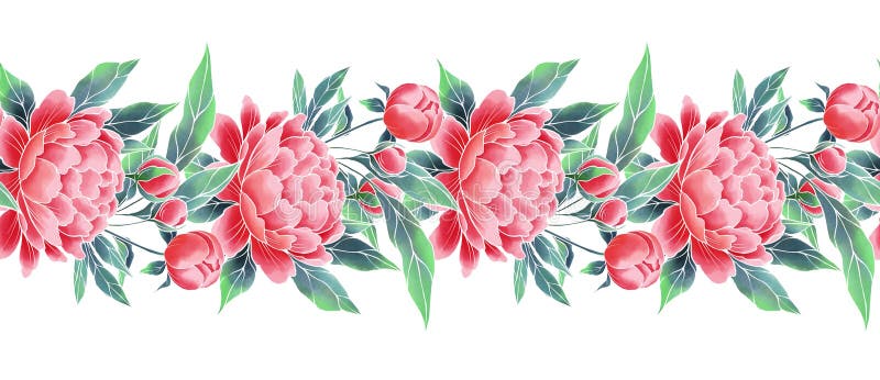 Decorative Border. Peony Flowers, Seamless Floral Pattern. Stock Photo ...