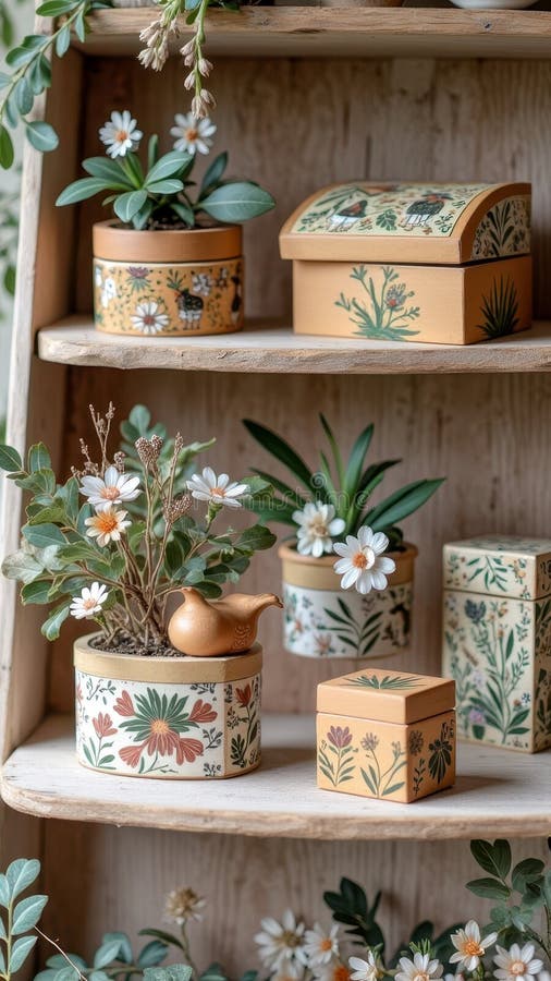 Decorative Botanical Boxes and Plants on Wooden Shelves Stock ...